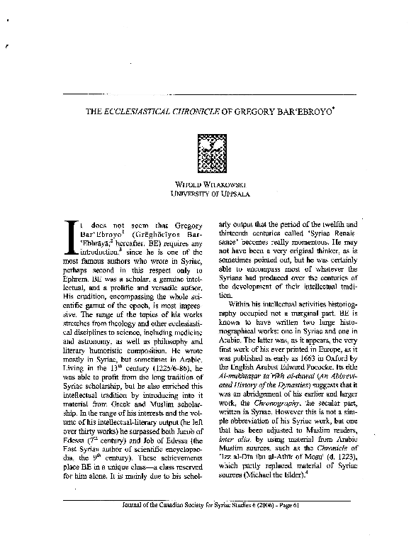 (PDF) ‘The Ecclesiastical Chronicle of Gregory Bar‘Ebroyo’, The ...