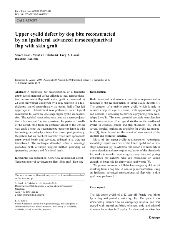 (PDF) Upper eyelid defect by dog bite reconstructed by an ipsilateral ...