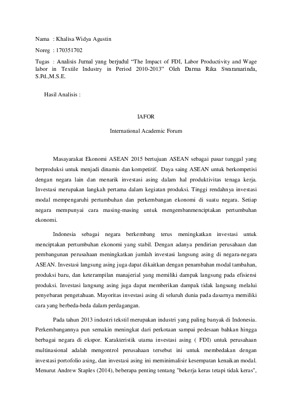 (DOC) analisis jurnal The Impact of FDI, Labor Productivity and Wage ...