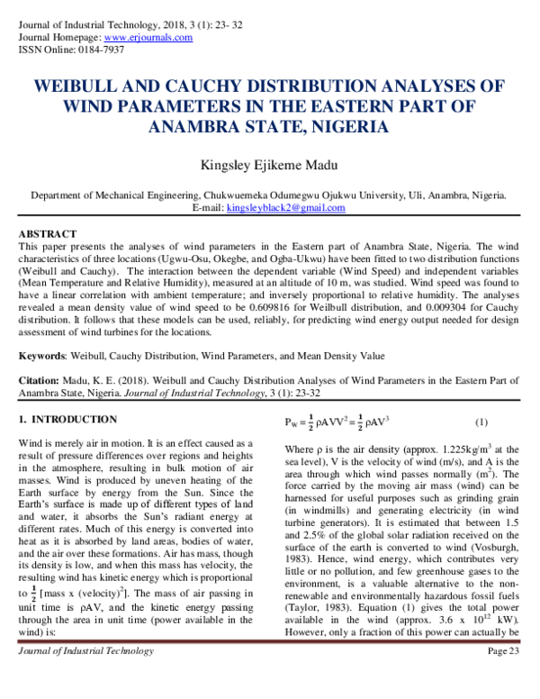 Pdf Weibull And Cauchy Distribution Analyses Of Wind Parameters In