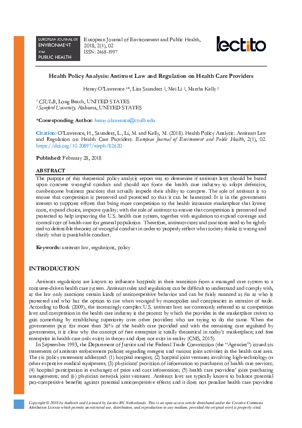 (PDF) Health Policy Analysis: Antitrust Law and Regulation on Health ...