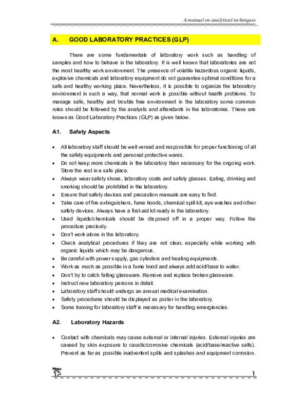 (PDF) A manual on analytical techniques A. GOOD LABORATORY PRACTICES (GLP