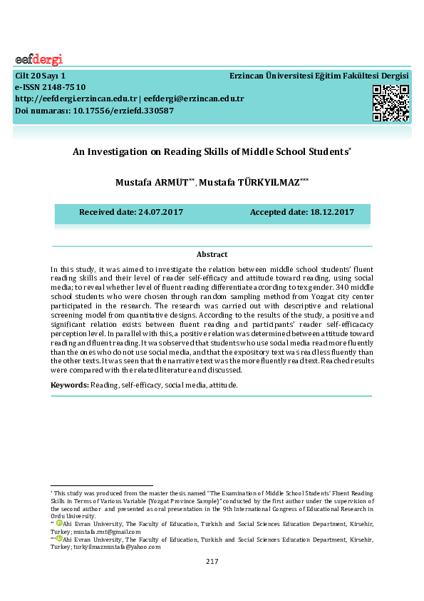(PDF) An Investigation on Reading Skills of Middle School Students