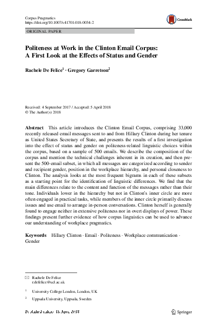 (PDF) Politeness at Work in the Clinton Email Corpus: A First Look at ...