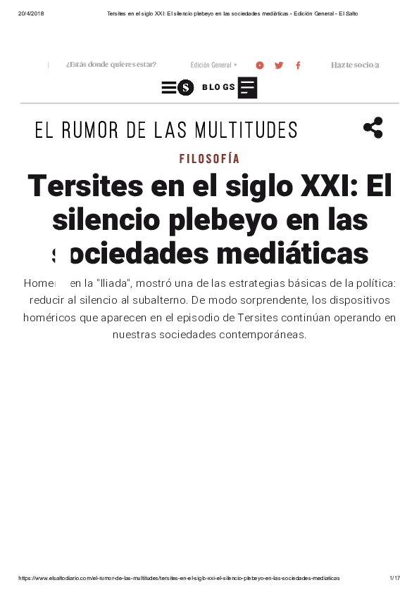 (PDF) Tersites en el siglo XXI. El silencio plebeyo en las sociedades ...