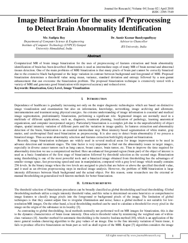 Pdf Image Binarization For The Uses Of Preprocessing To Detect Brain