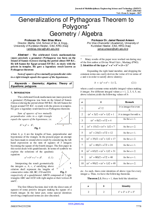 (PDF) Generalizations of Pythagoras Theorem to Polygons* Geometry / Algebra