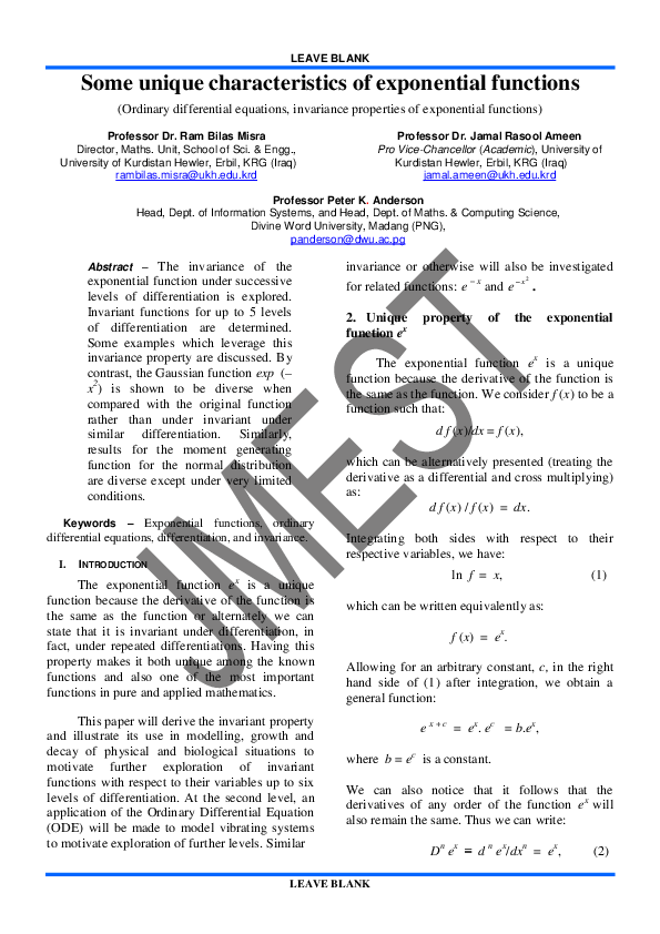 (PDF) Some unique characteristics of exponential functions (Ordinary differential equations ...