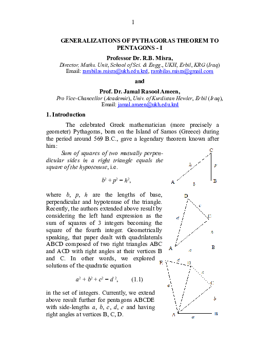 (DOC) GENERALIZATIONS OF PYTHAGORAS THEOREM TO PENTAGONS -I