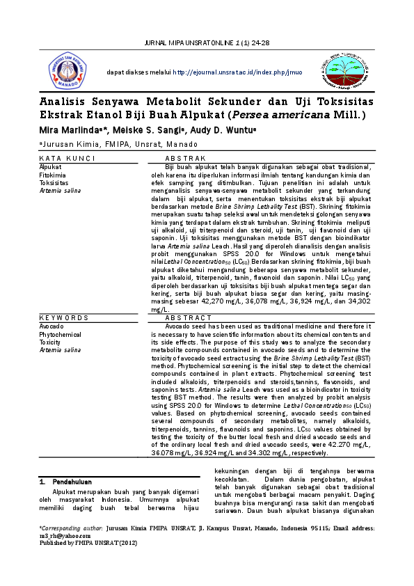 (PDF) Analisis Senyawa Metabolit Sekunder dan Uji Toksisitas Ekstrak Etanol Biji Buah Alpukat ...