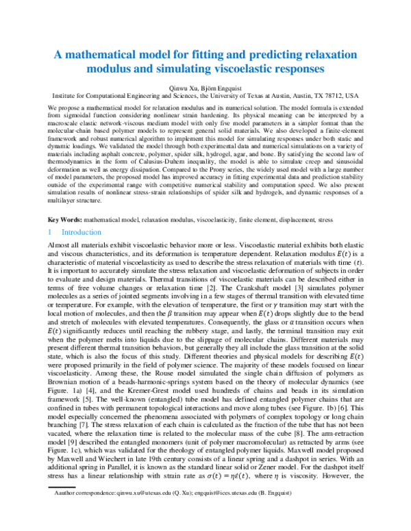 Pdf A Mathematical Model For Fitting And Predicting Material Relaxation Modulus And Simulating