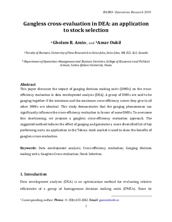 (PDF) Gangless cross-evaluation in DEA: an application to stock selection