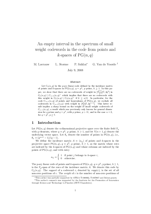 (PDF) An empty interval in the spectrum of small weight codewords in the code from points and k ...