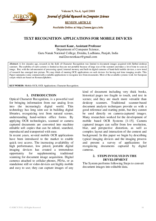 (PDF) TEXT RECOGNITION APPLICATIONS FOR MOBILE DEVICES
