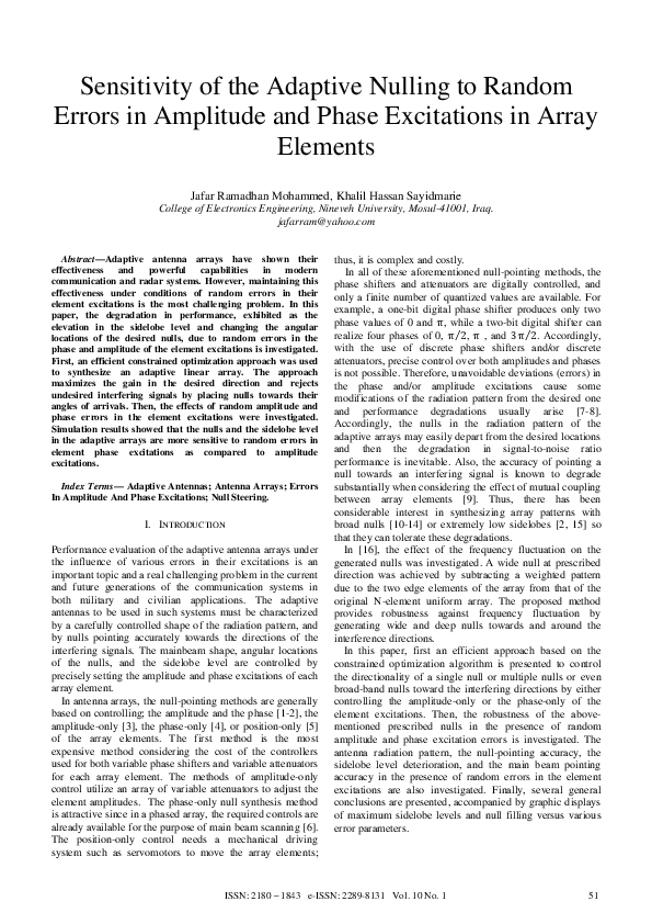 Pdf Sensitivity Of The Adaptive Nulling To Random Errors In Amplitude