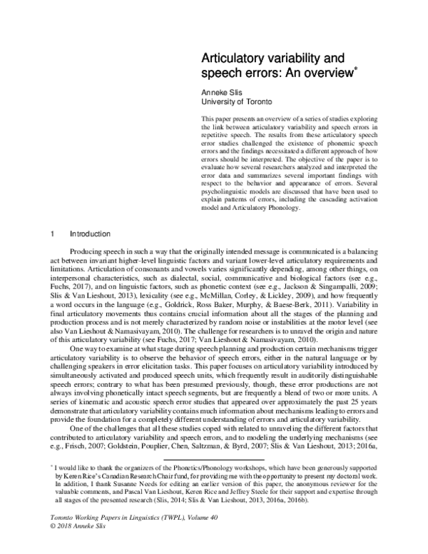 Pdf Articulatory Variability And Speech Errors An Overview