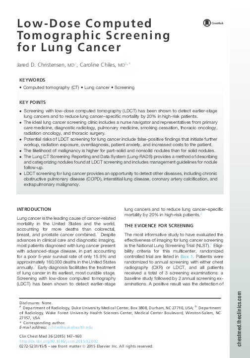 (PDF) Low-Dose Computed Tomographic Screening for Lung Cancer