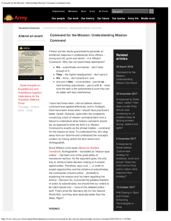 (PDF) Command for the Mission: Understanding Mission Command