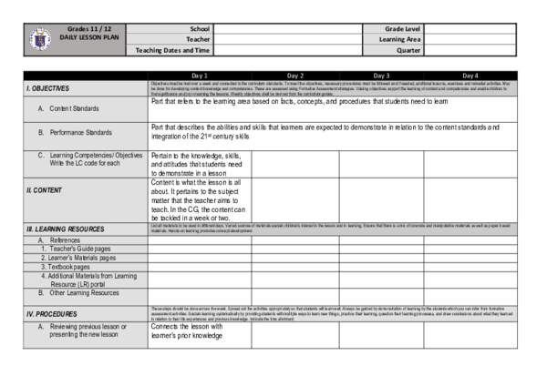 (DOC) Grades 11 / 12 DAILY LESSON PLAN School Grade Level Teacher ...