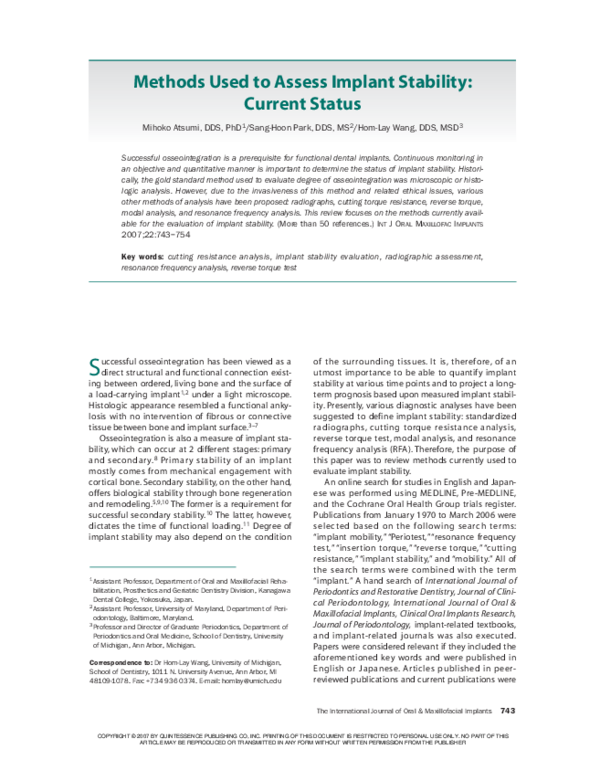 (PDF) Methods Used to Assess Implant Stability: Current Status