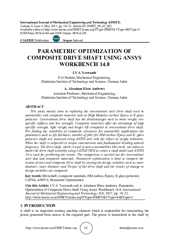 (PDF) PARAMETRIC OPTIMIZATION OF COMPOSITE DRIVE SHAFT USING ANSYS WORKBENCH 14.0