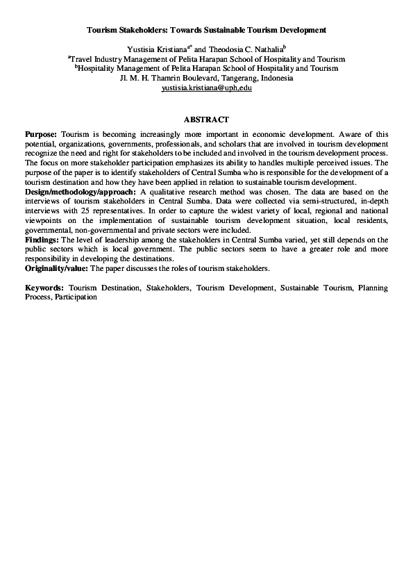 (PDF) Tourism Stakeholders: Towards Sustainable Tourism Development