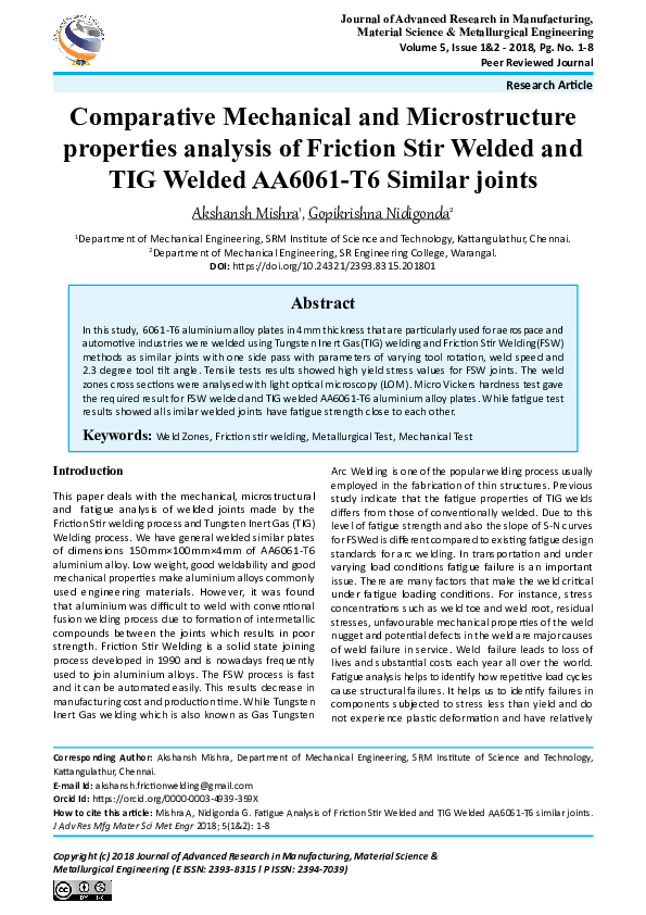 (PDF) Comparative Mechanical and Microstructure properties analysis of Friction Stir Welded and ...