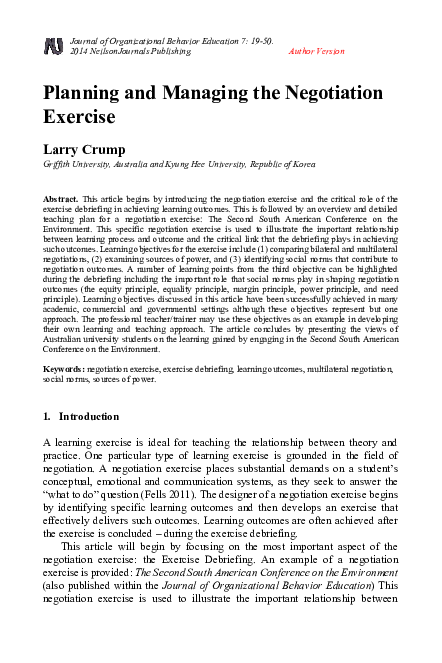 (PDF) Planning and Managing the Negotiation Exercise