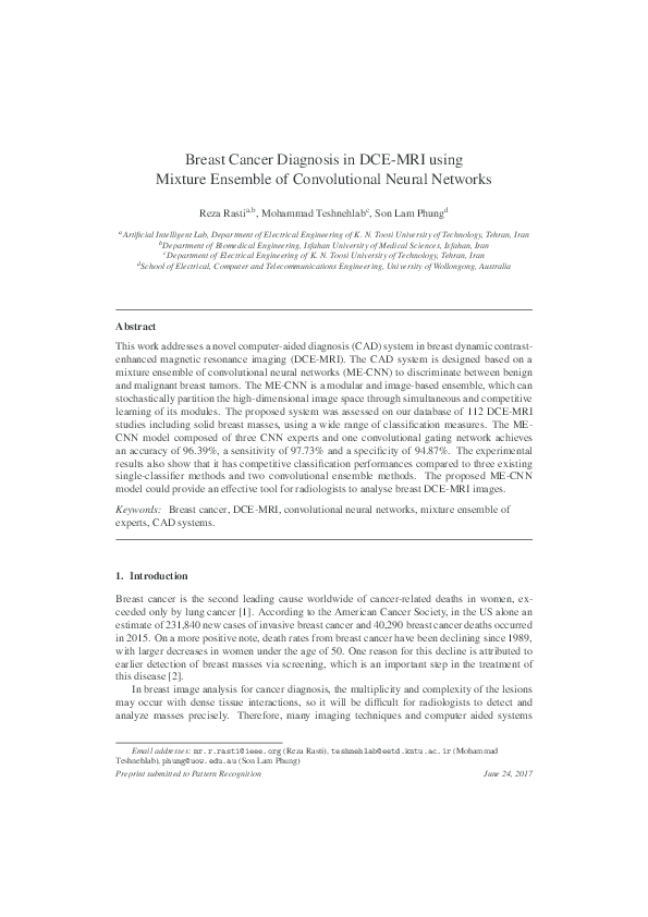 Pdf Breast Cancer Diagnosis In Dce Mri Using Mixture Ensemble Of Convolutional Neural Networks 
