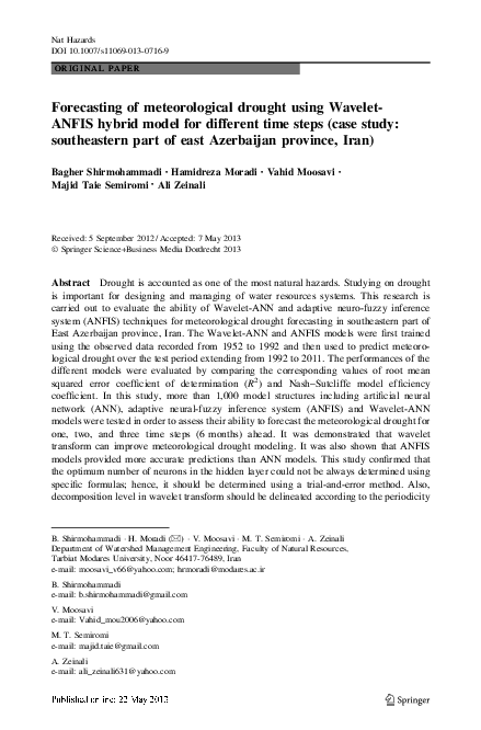 (PDF) Forecasting of meteorological drought using Wavelet-ANFIS hybrid model for different time ...