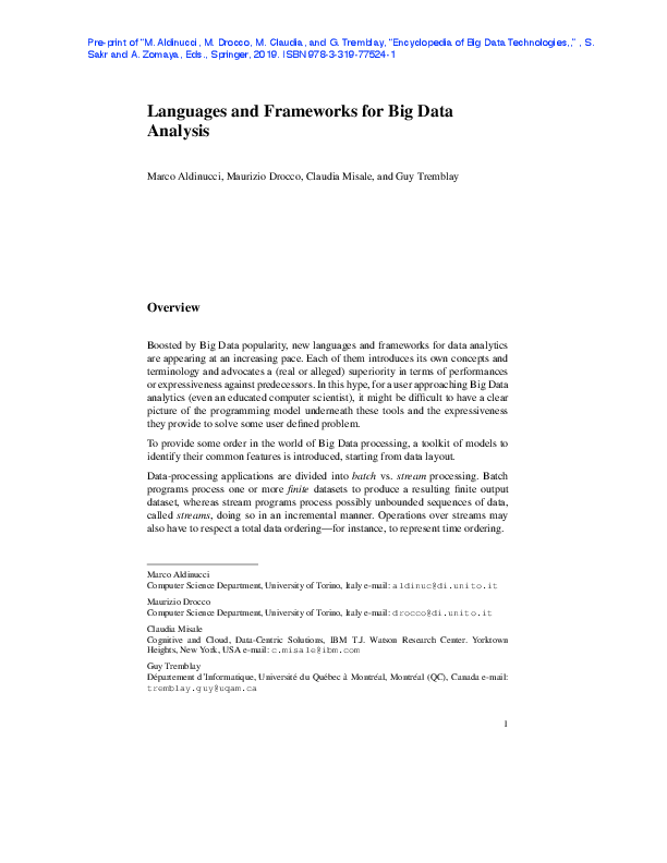 (PDF) Languages and Frameworks for Big Data Analysis