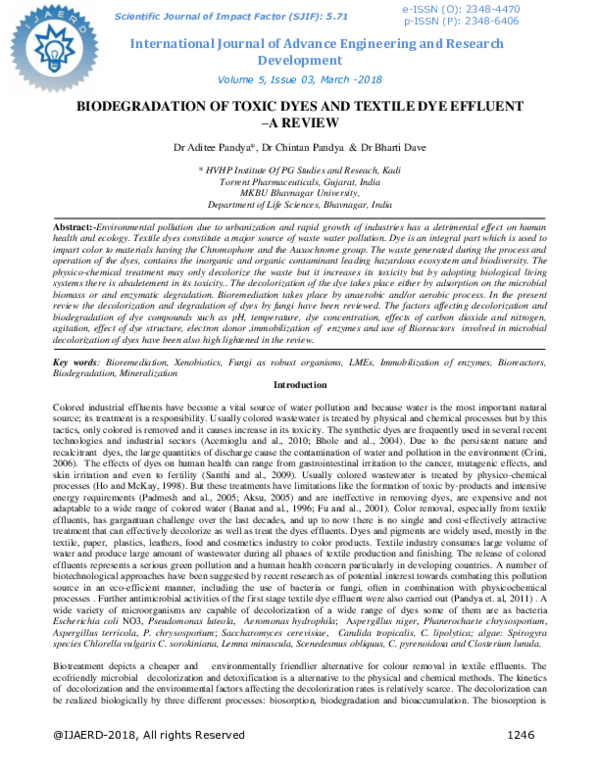 (PDF) BIODEGRADATION OF TOXIC DYES AND TEXTILE DYE EFFLUENT –A REVIEW