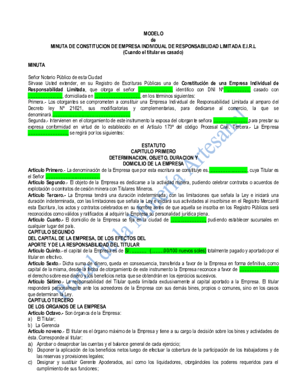 (PDF) MODELO de MINUTA DE CONSTITUCION DE EMPRESA INDIVIDUAL DE RESPONSABILIDAD LIMITADA E