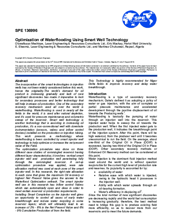 Pdf Optimization Of Waterflooding Using Smart Well Technology