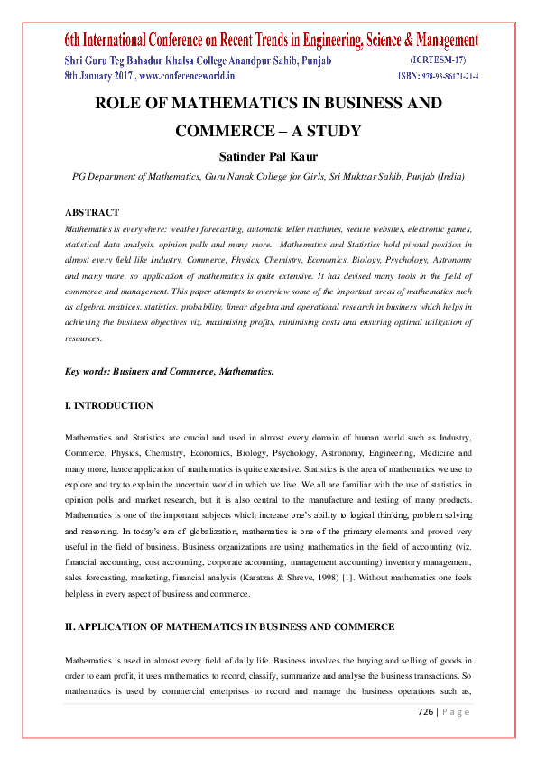 (PDF) ROLE OF MATHEMATICS IN BUSINESS AND COMMERCE – A STUDY