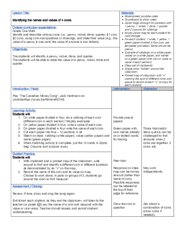 (PDF) Lesson Title: Identifying the names and values of 4 coins