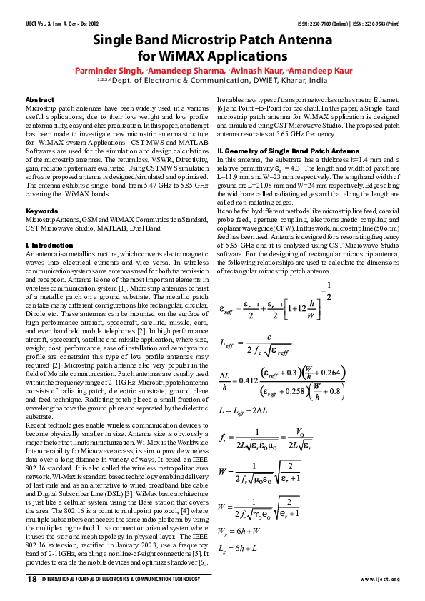 (PDF) Single Band Microstrip Patch Antenna for WiMAX Applications