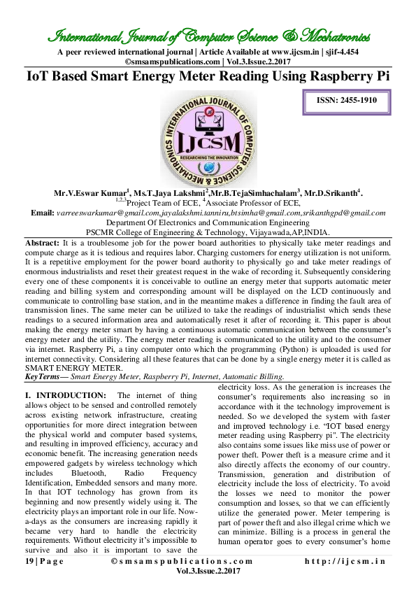 Pdf Iot Based Smart Energy Meter Reading Using Raspberry Pi