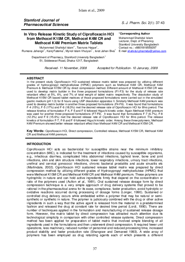 (PDF) In Vitro Release Kinetic Study of Ciprofloxacin HCl from Methocel ...