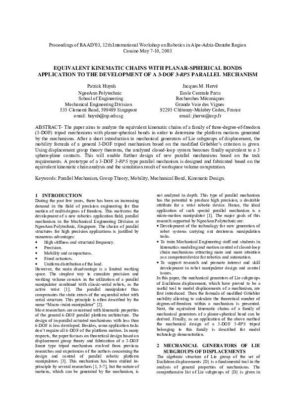 (PDF) Equivalent Kinematic Chains with Planar-Spherical Bonds Application to the Development of ...