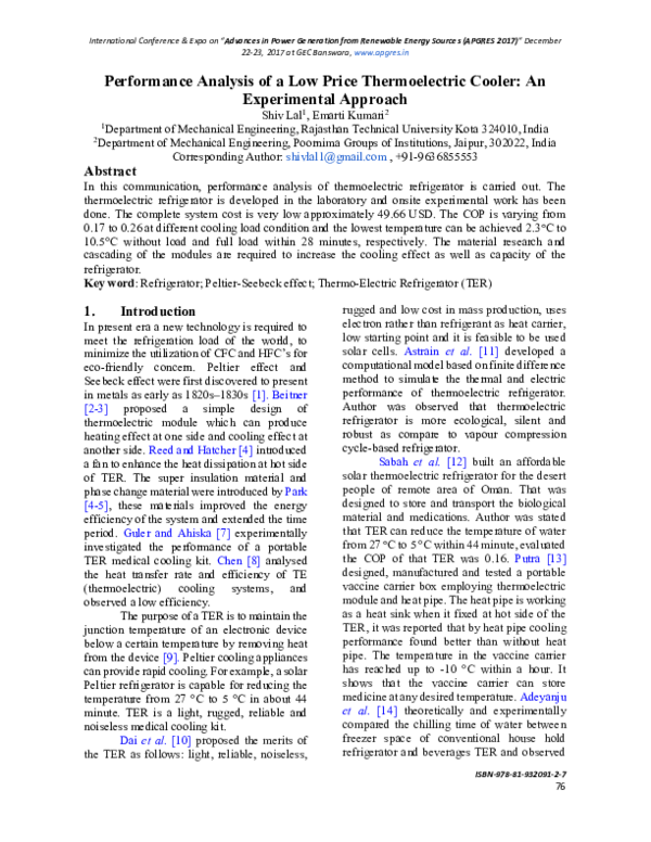 (PDF) Performance Analysis of a Low Price Thermoelectric Cooler: An Experimental Approach
