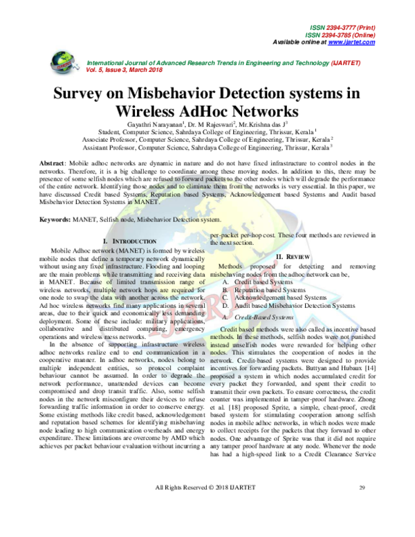 Pdf Survey On Misbehavior Detection Systems In Wireless Adhoc Networks