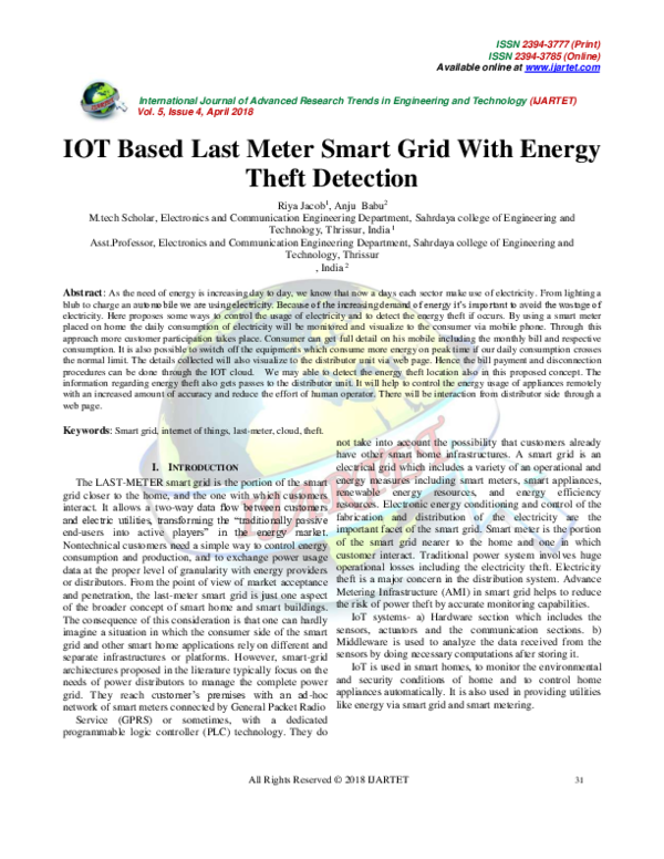 Pdf Iot Based Last Meter Smart Grid With Energy Theft Detection