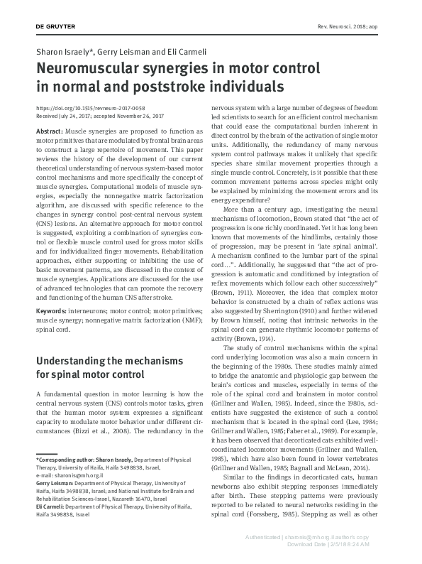 (PDF) Neuromuscular synergies in motor control in normal and poststroke ...