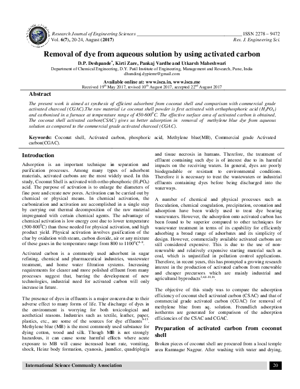 (PDF) Removal of dye from aqueous solution by using activated carbon