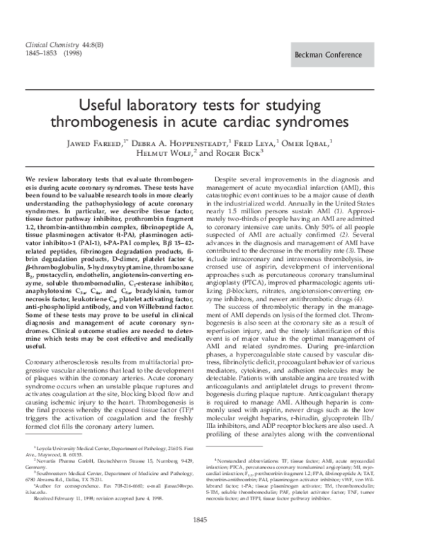 (PDF) Useful laboratory tests for studying thrombogenesis in acute ...