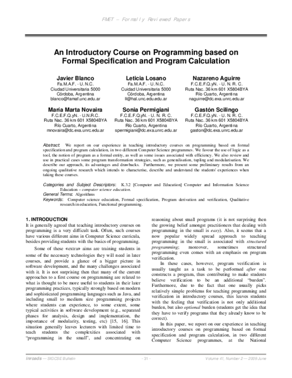 Pdf An Introductory Course On Programming Based On Formal Specification And Program