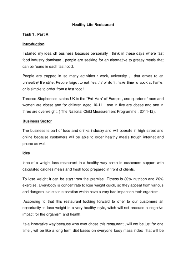 (DOC) Healthy Life Restaurant Task 1 . Part A Introduction