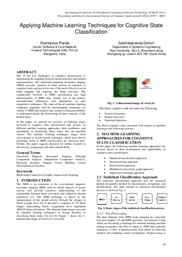 (PDF) Applying Machine Learning Techniques for Cognitive State Classification