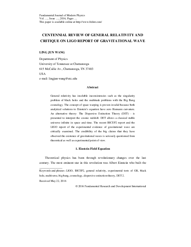 (PDF) CENTENNIAL REVIEW OF GENERAL RELATIVITY AND CRITIQUE ON LIGO ...